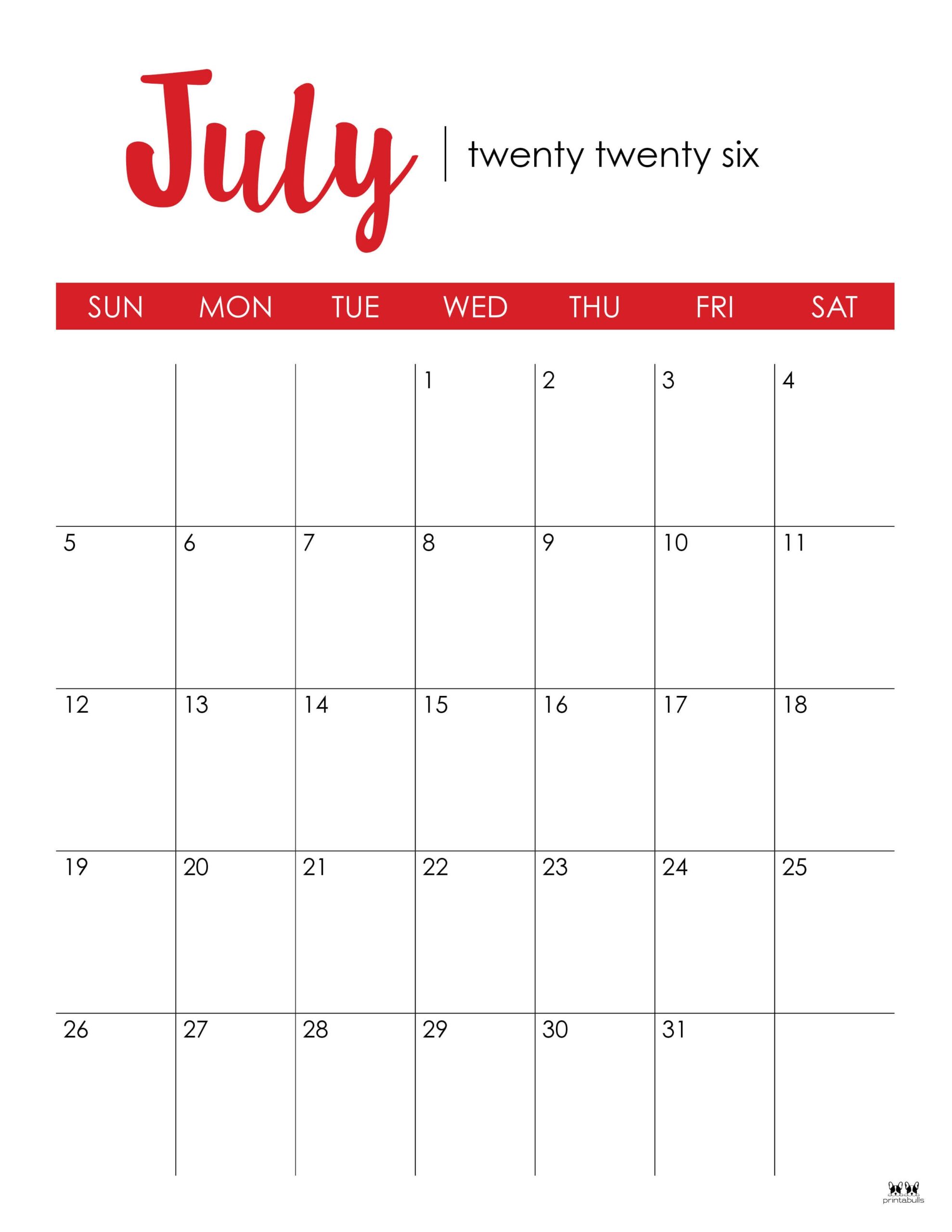 July 2026 Calendars - 123 FREE Printables | Printabulls
