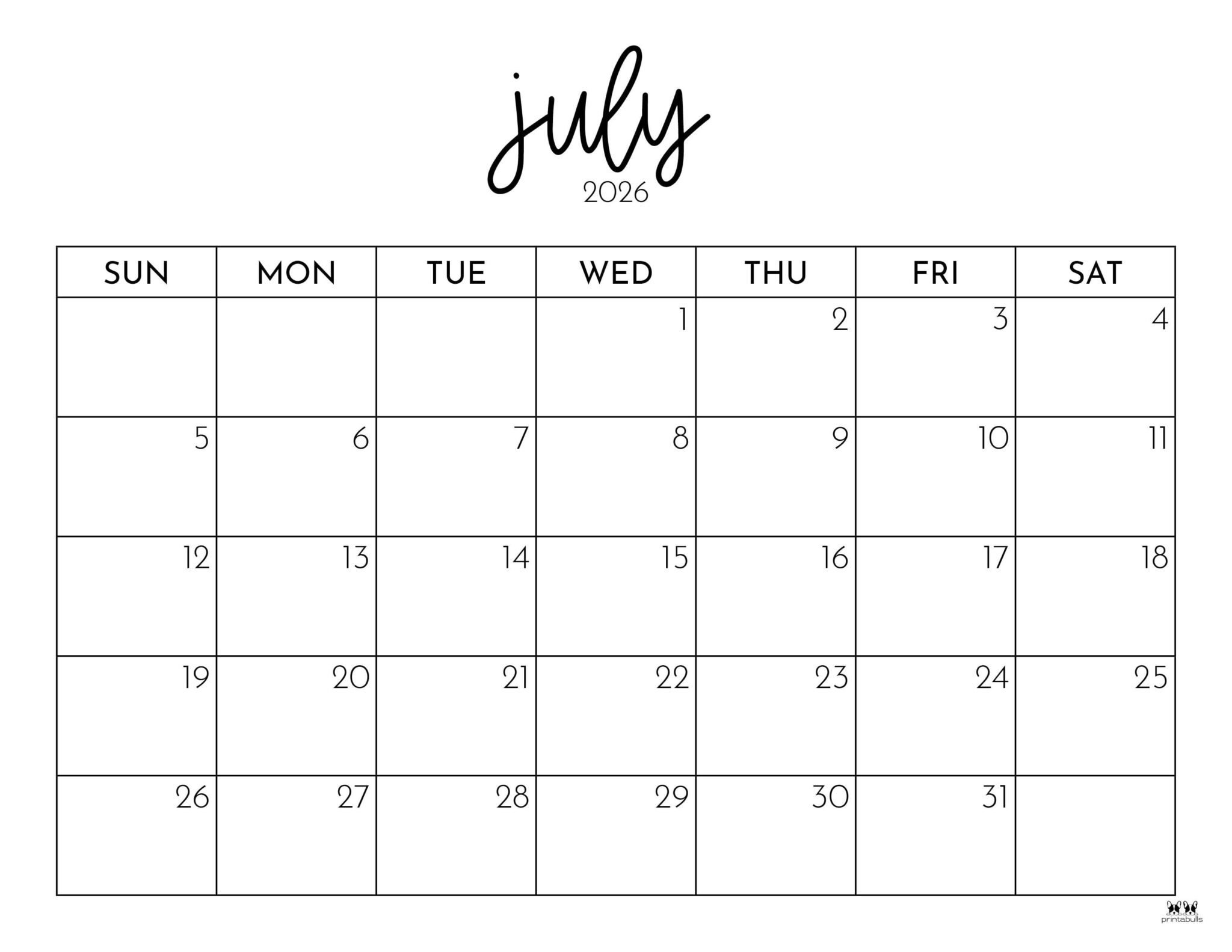 July 2026 Calendars - 123 FREE Printables | Printabulls