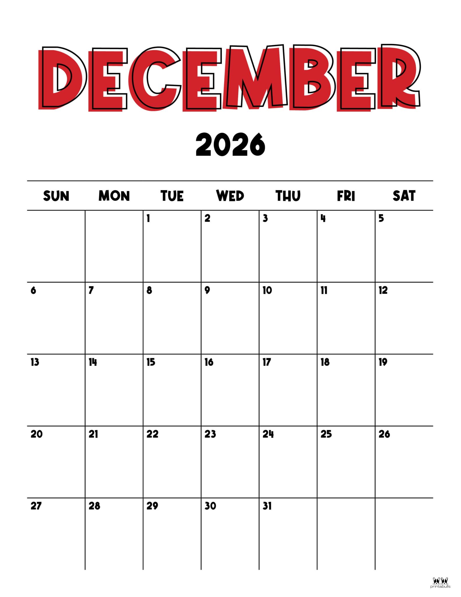 December 2026 Calendars - 123 FREE Printables | Printabulls