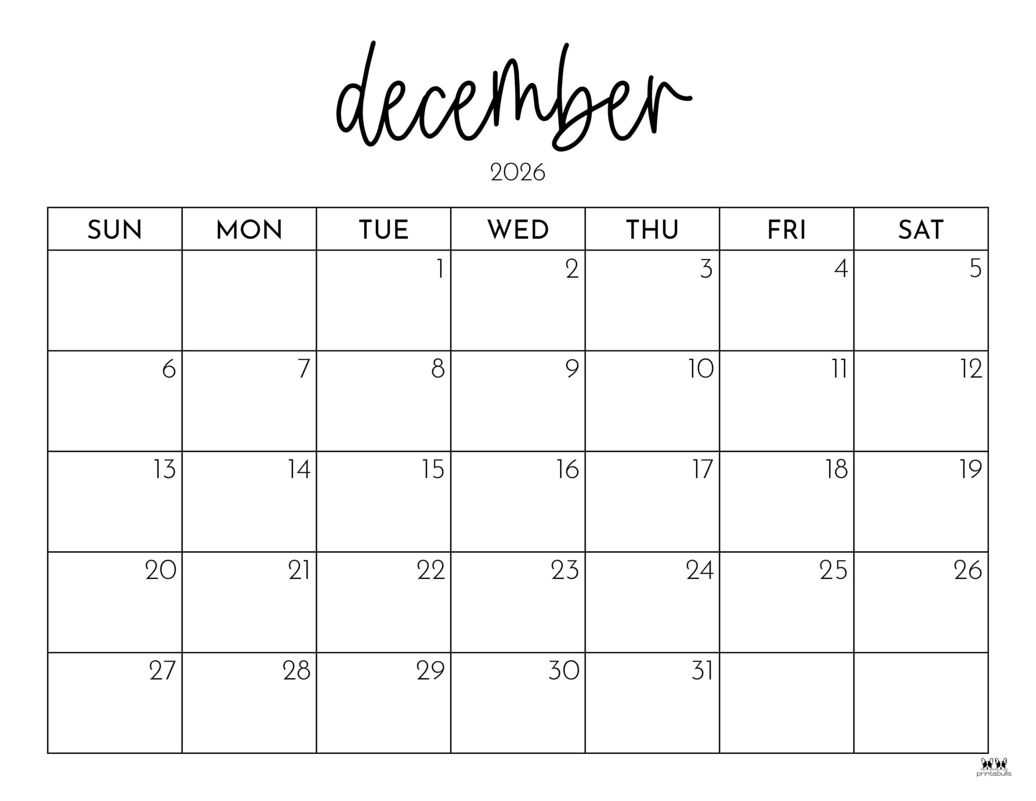 December 2026 Calendars - 123 FREE Printables | Printabulls