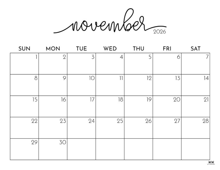 November 2026 Calendars - 150 FREE Printables | Printabulls