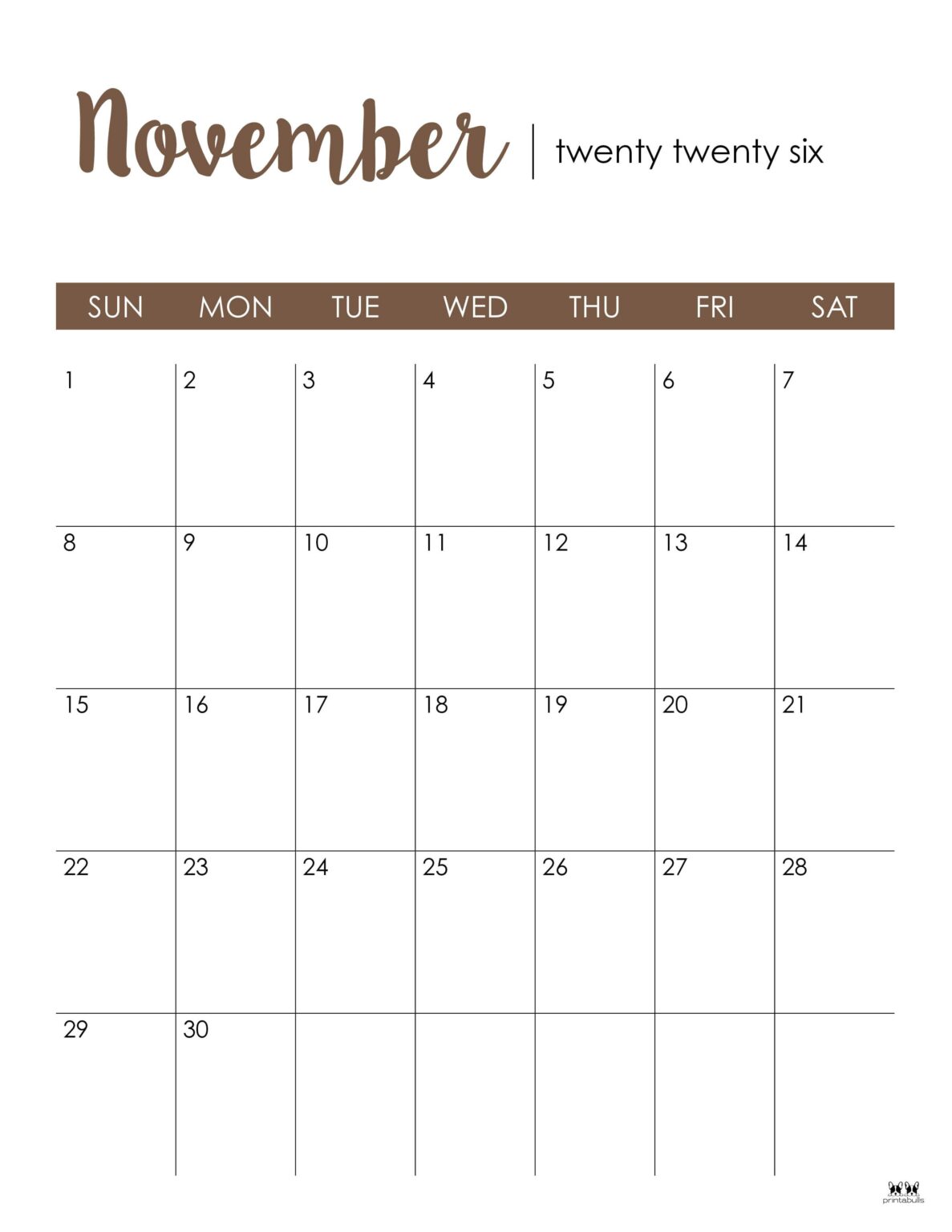 November 2026 Calendars - 150 FREE Printables | Printabulls