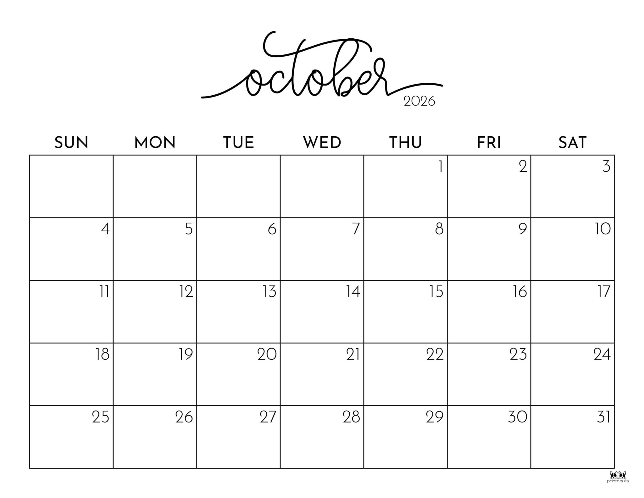 October 2026 Calendars - 150 FREE Printables | Printabulls