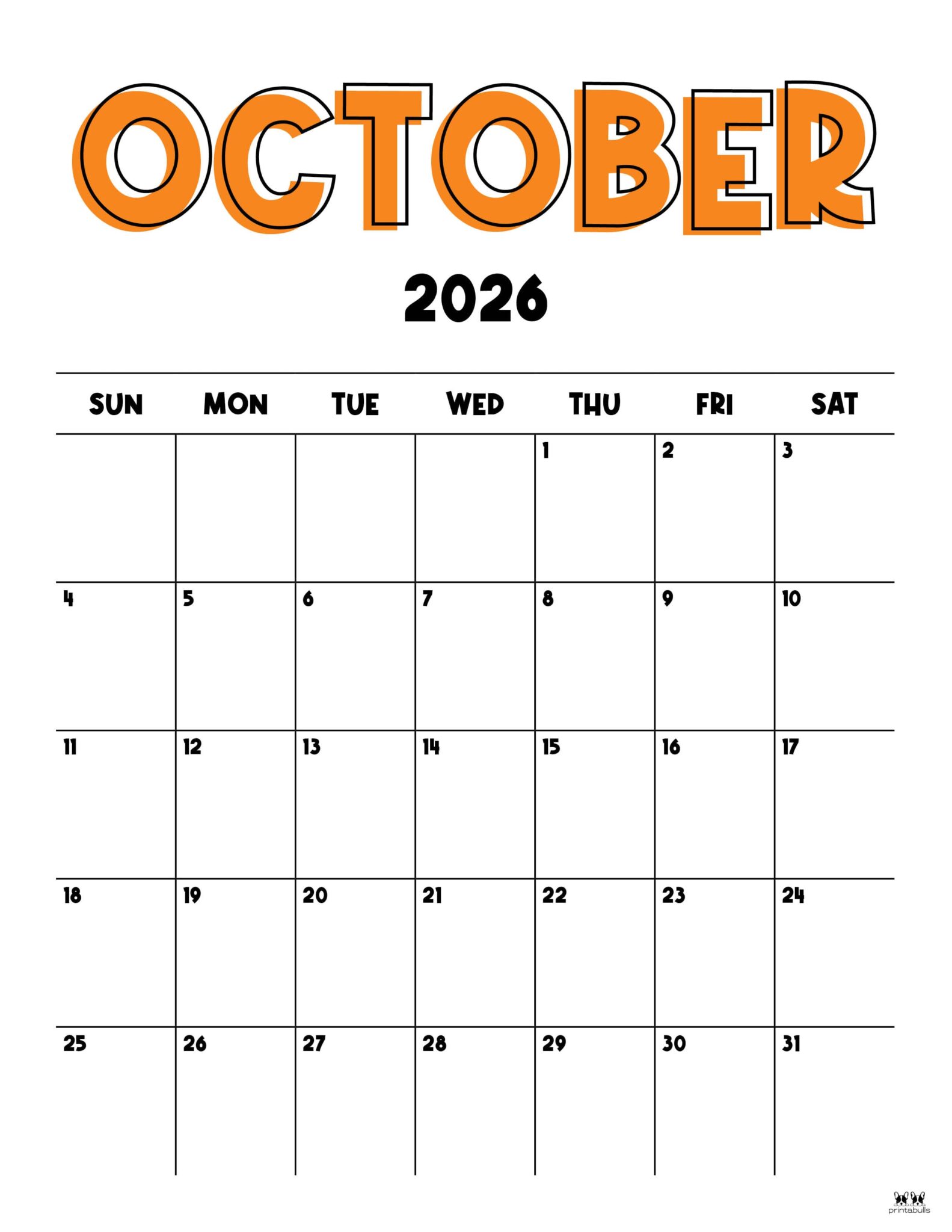 October 2026 Calendars - 123 FREE Printables | Printabulls