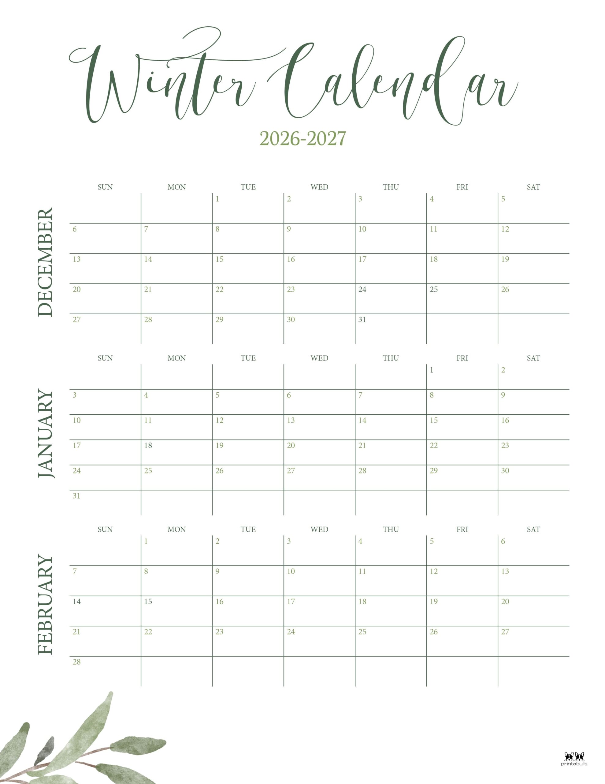 2026-2027 Winter Calendars - 14 FREE Cals | Printabulls