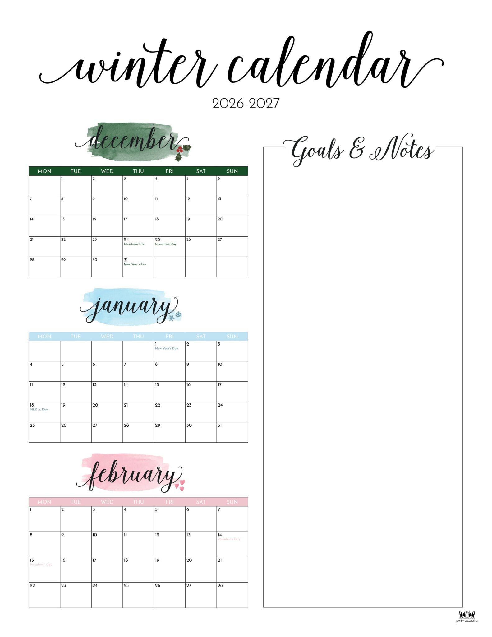 2026-2027 Winter Calendars - 14 FREE Cals | Printabulls