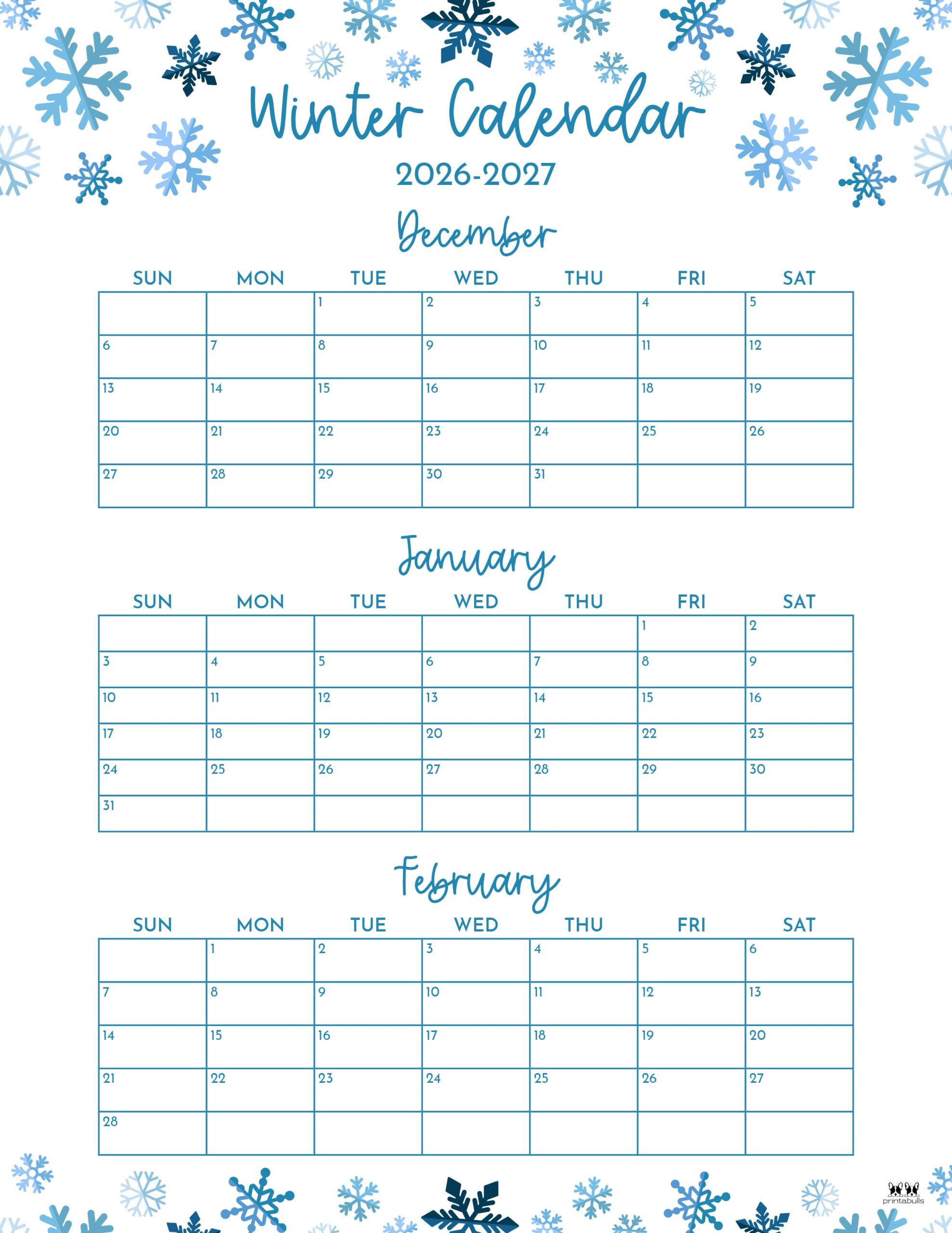 2026-2027 Winter Calendars - 14 FREE Cals | Printabulls