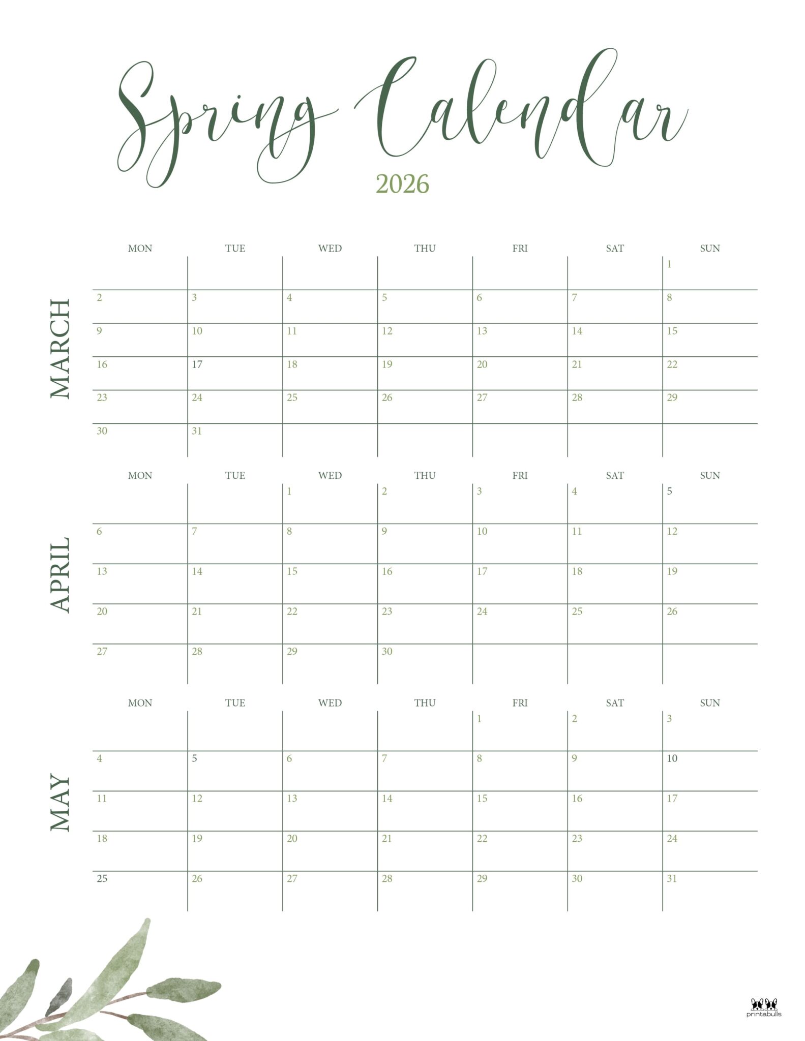 2026 Spring Calendars - 14 FREE Printables | Printabulls