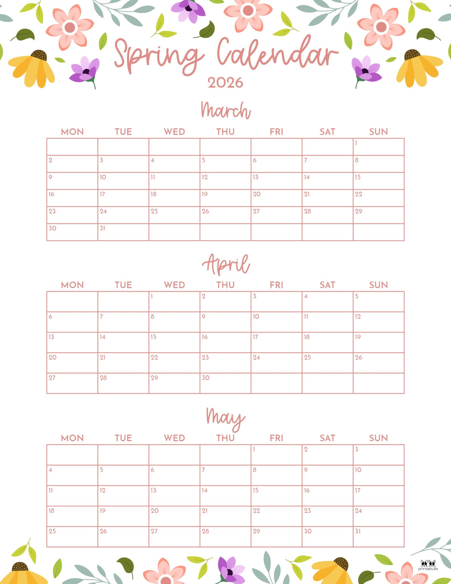 2026 Spring Calendars - 14 FREE Printables | Printabulls