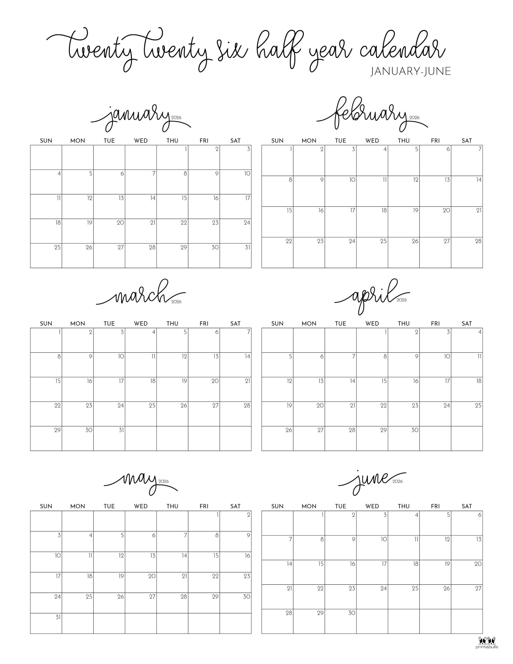 6 Month Calendars 2026 - 40 FREE Calendars | Printabulls