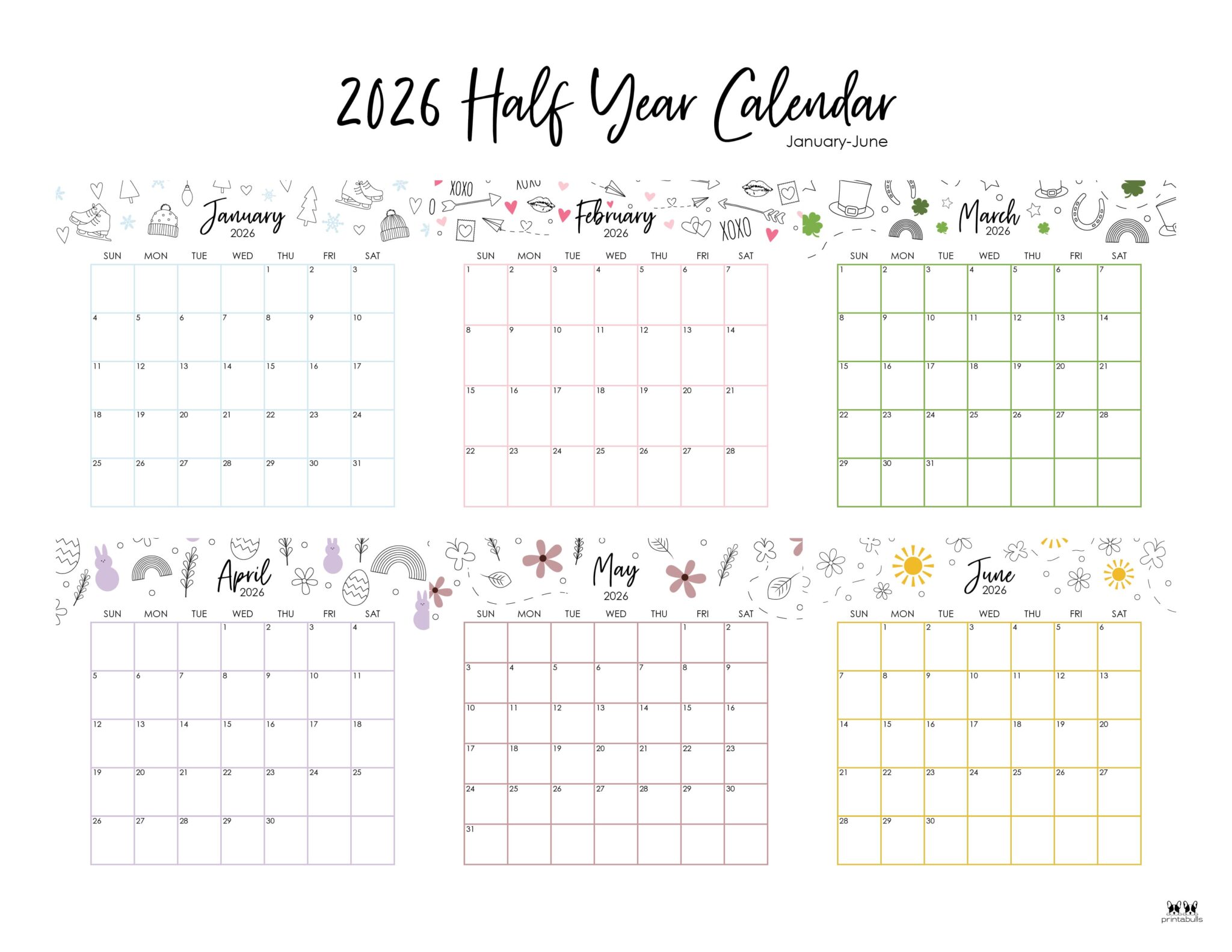 6 Month Calendars 2026 - 40 FREE Calendars | Printabulls