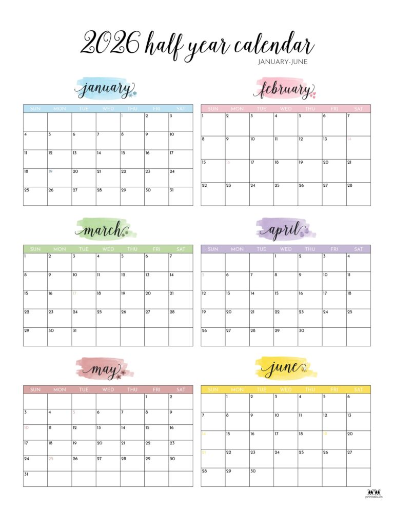 6 Month Calendars 2026 - 40 FREE Calendars | Printabulls