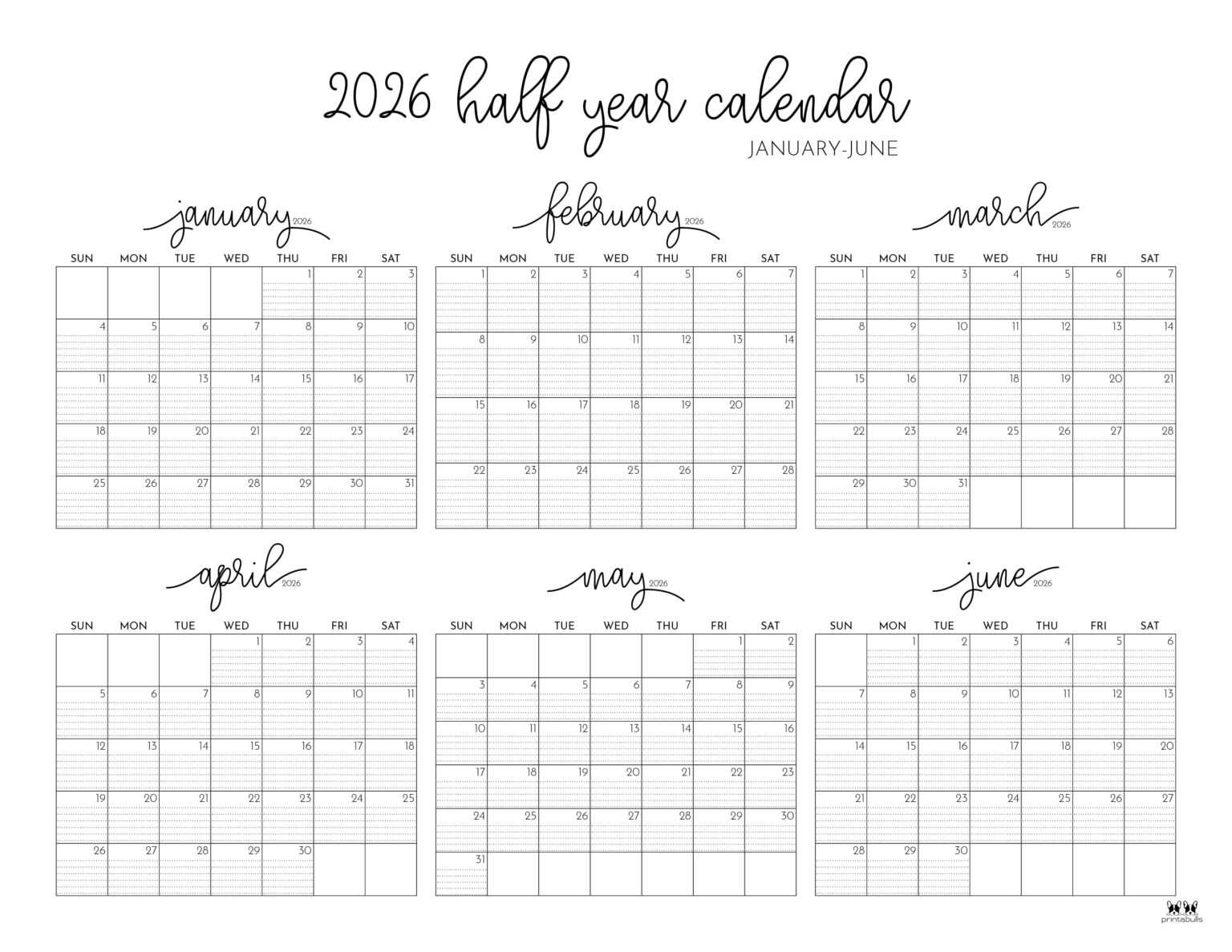 6 Month Calendars 2026 - 40 FREE Calendars | Printabulls