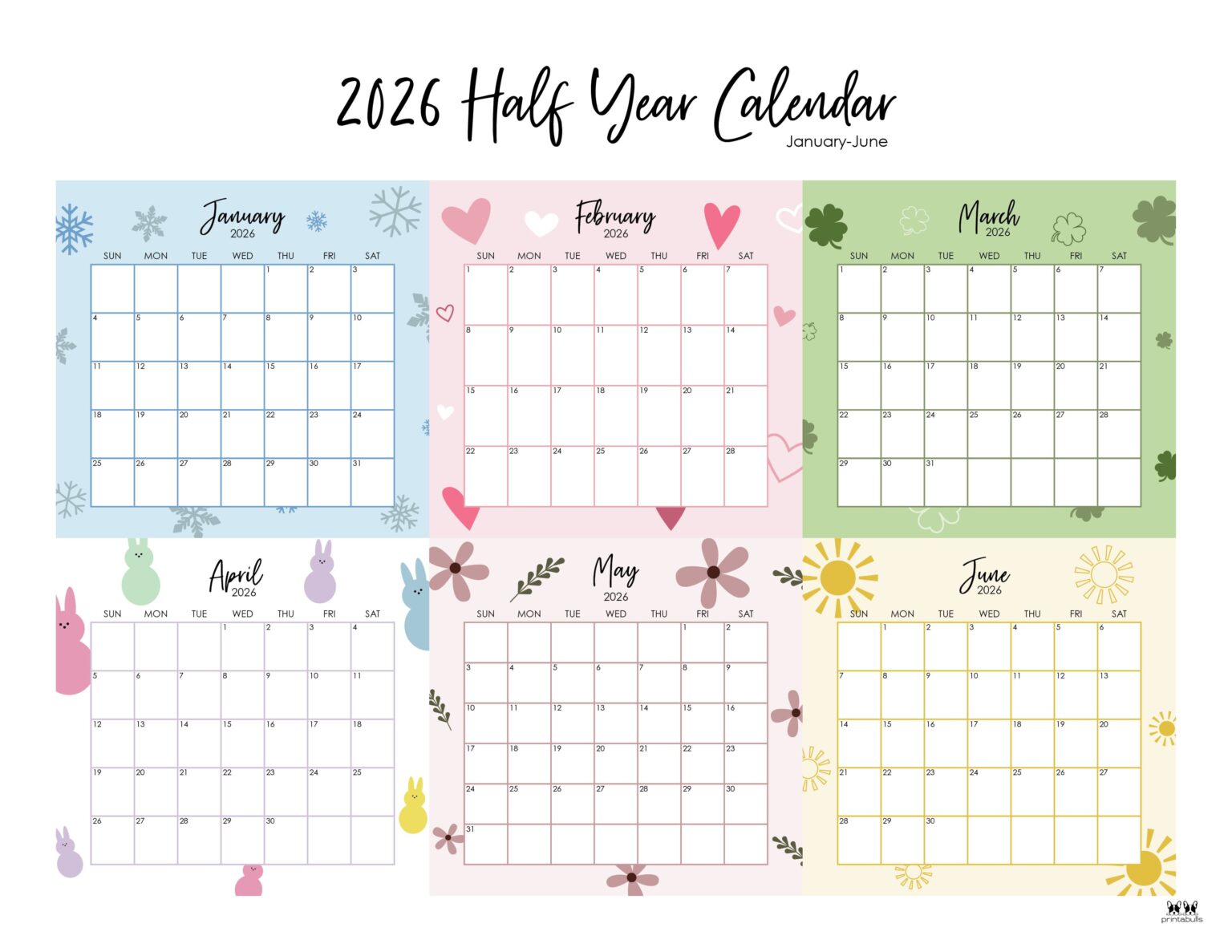 6 Month Calendars 2026 - 40 FREE Calendars | Printabulls