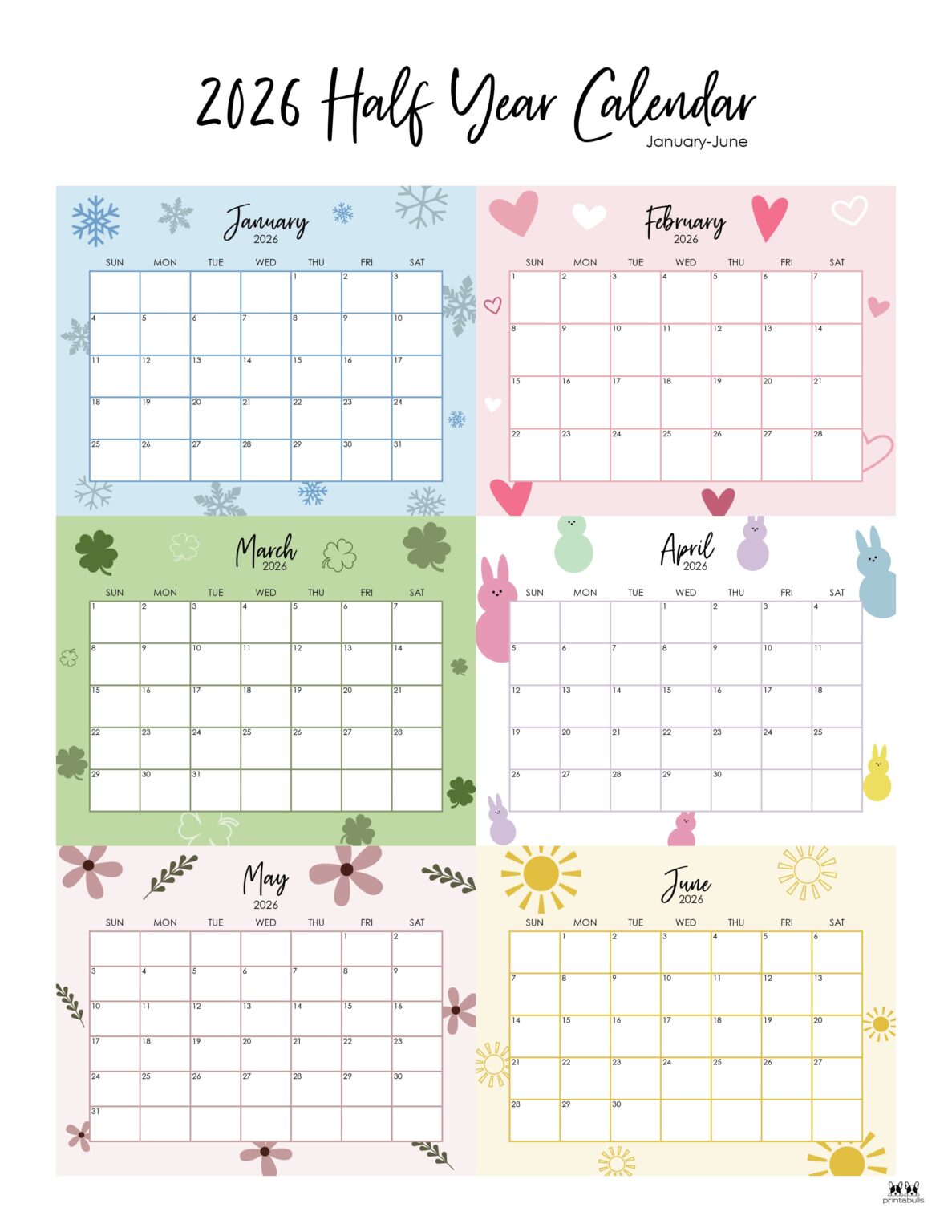 6 Month Calendars 2026 - 40 FREE Calendars | Printabulls