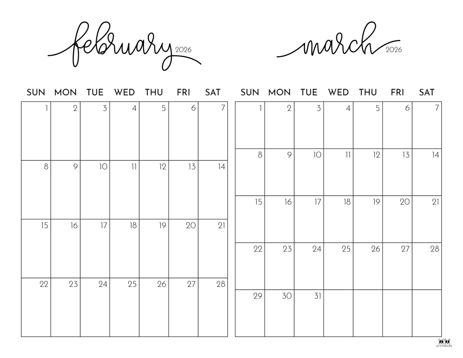 2026 Two Month Calendars - 84 FREE Printables | Printabulls