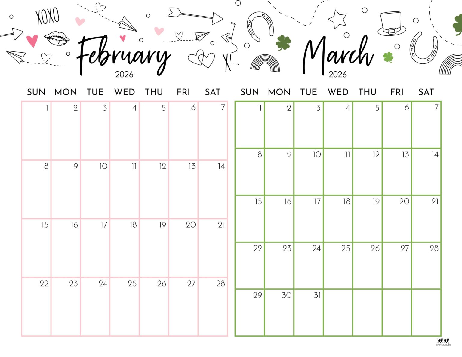 2026 Two Month Calendars - 84 FREE Printables | Printabulls