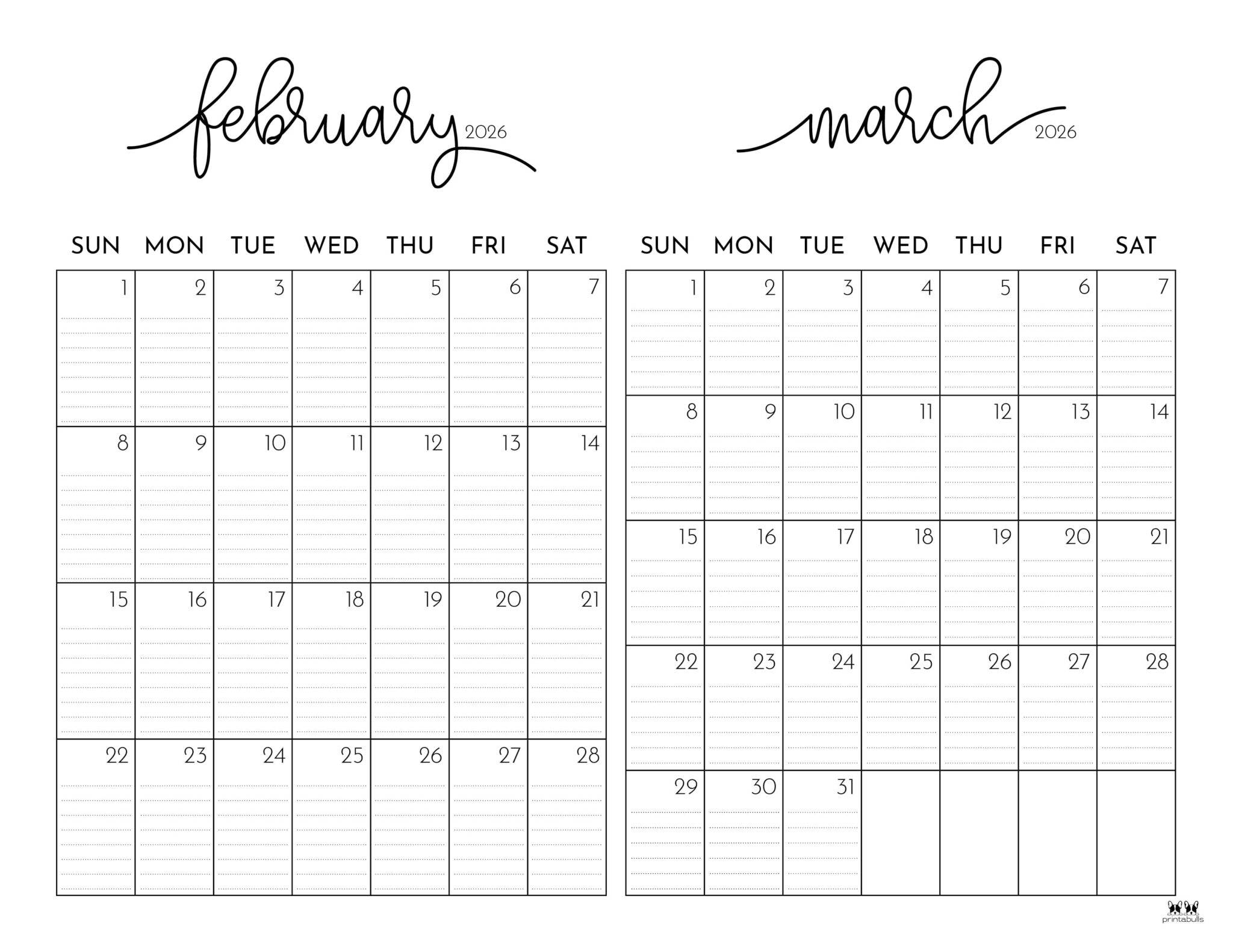 2026 Two Month Calendars - 84 FREE Printables | Printabulls