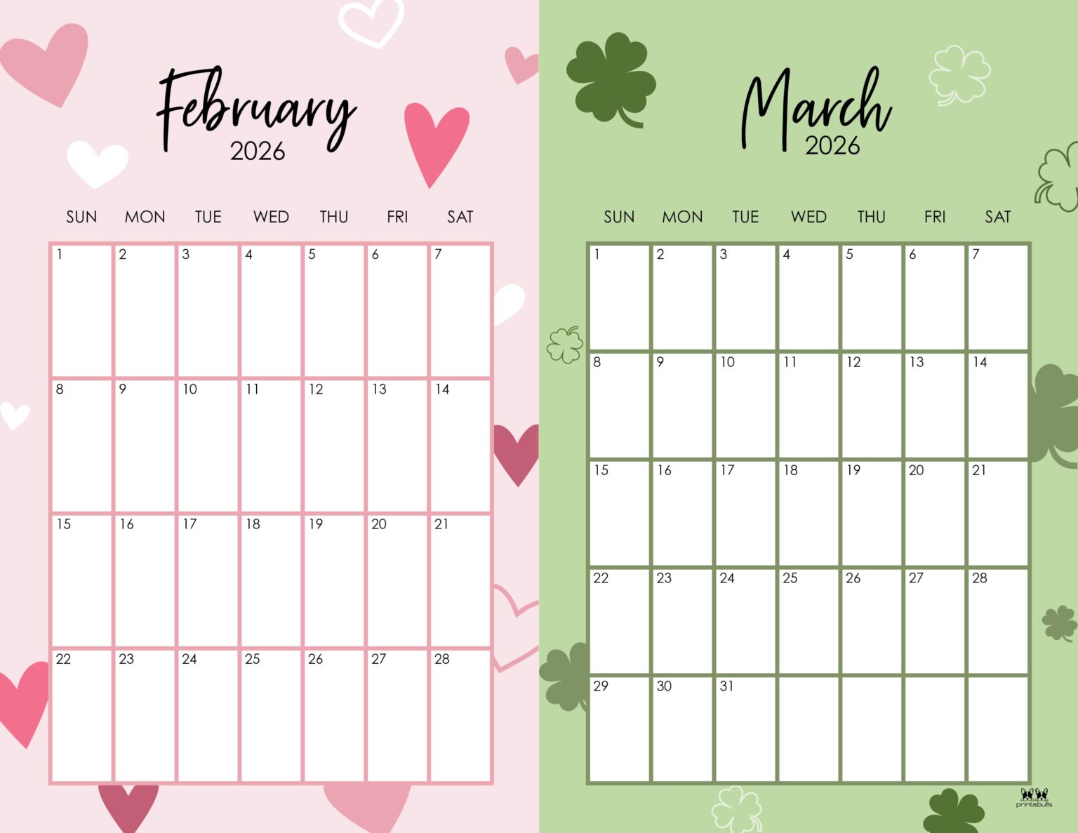 2026 Two Month Calendars - 84 FREE Printables | Printabulls