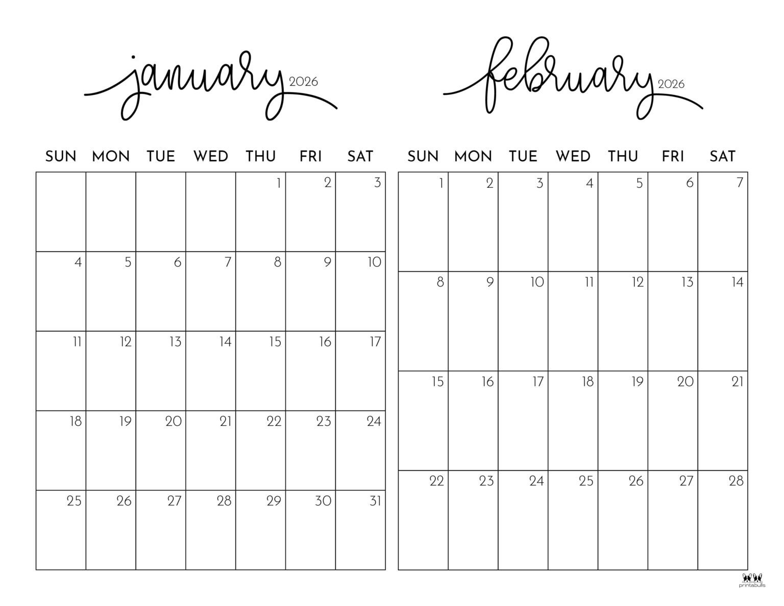 2026 Two Month Calendars - 84 FREE Printables | Printabulls