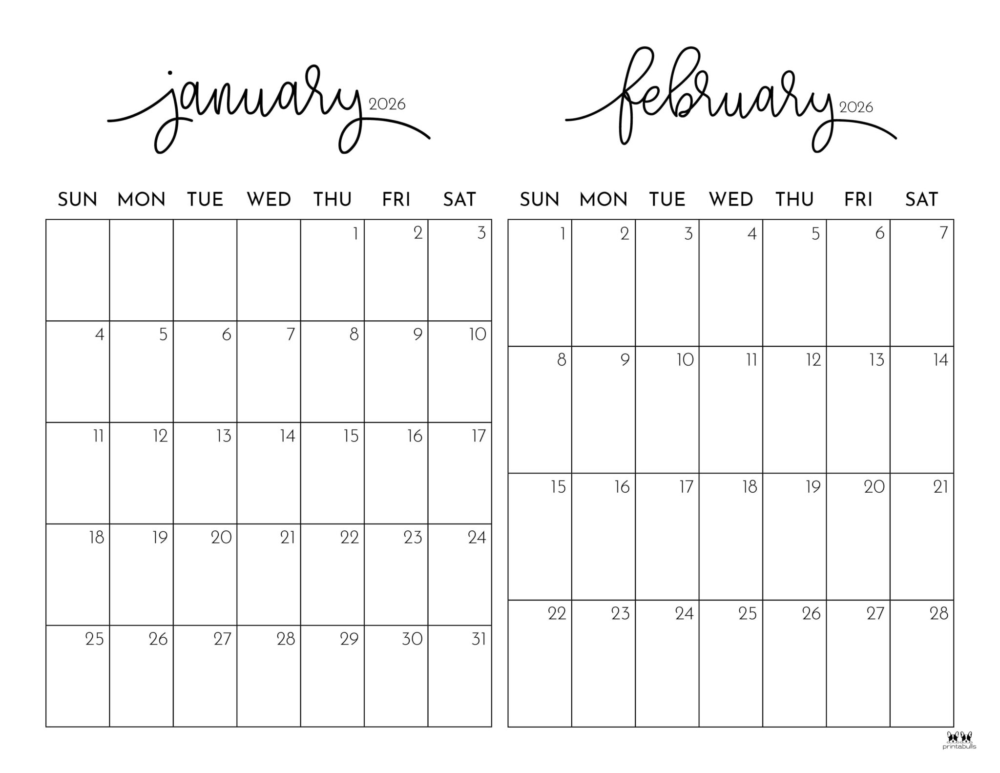 2026 Two Month Calendars - 84 FREE Printables | Printabulls