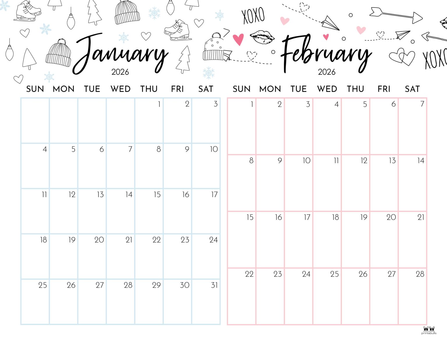 2026 Two Month Calendars - 84 FREE Printables | Printabulls