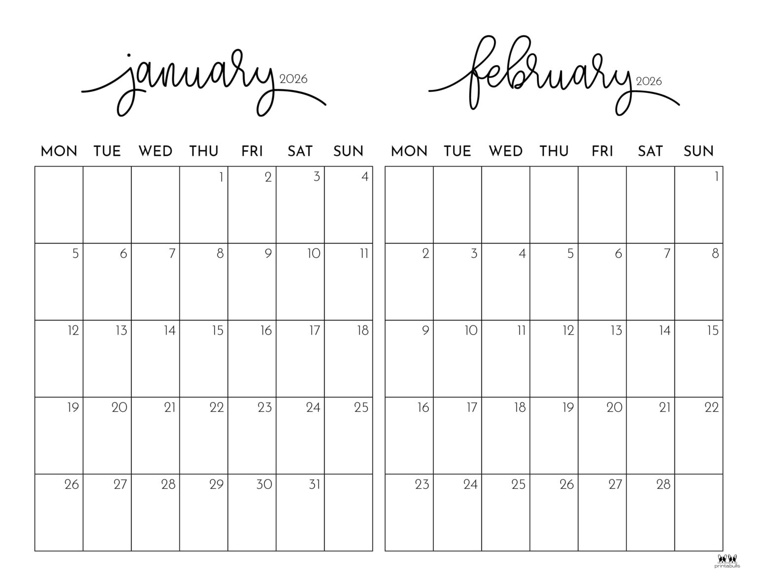 2026 Two Month Calendars - 84 FREE Printables | Printabulls