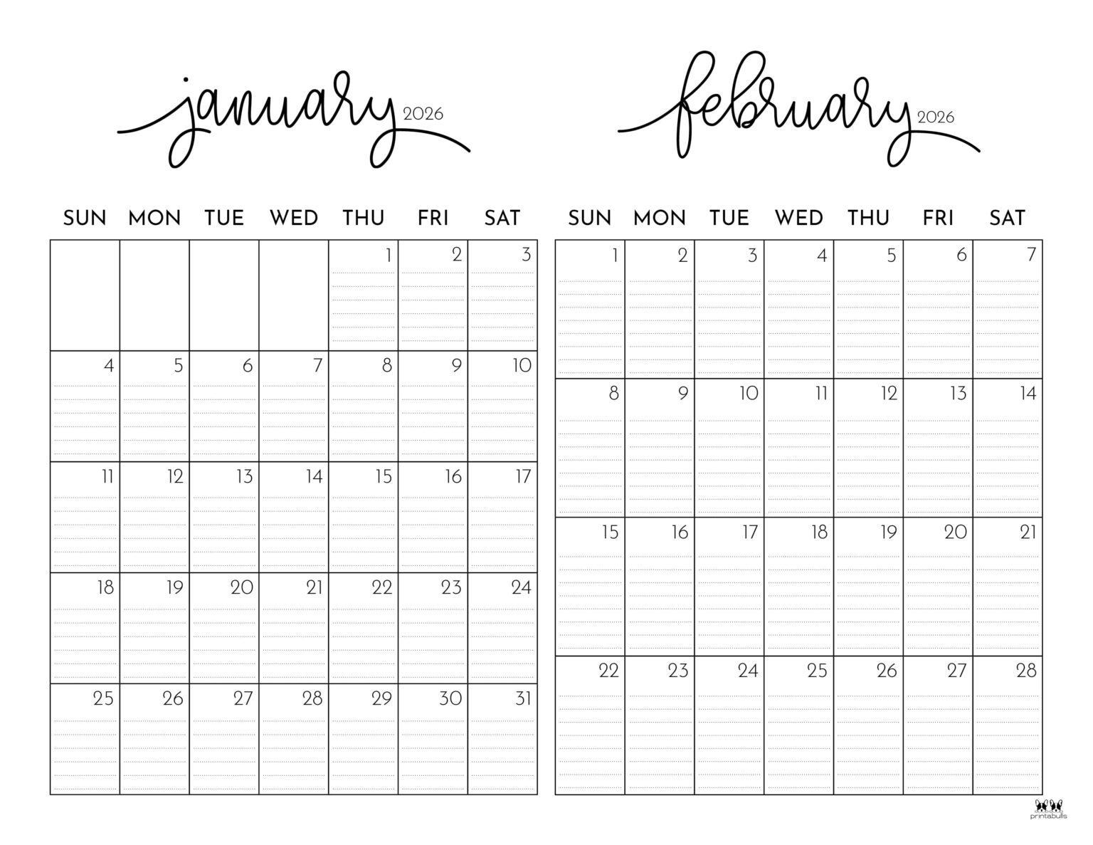 2026 Two Month Calendars - 84 FREE Printables | Printabulls