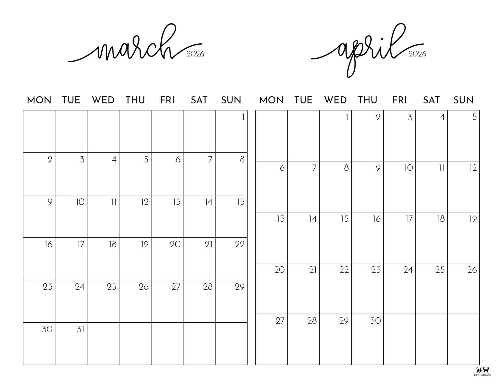 2026 Two Month Calendars - 84 FREE Printables | Printabulls