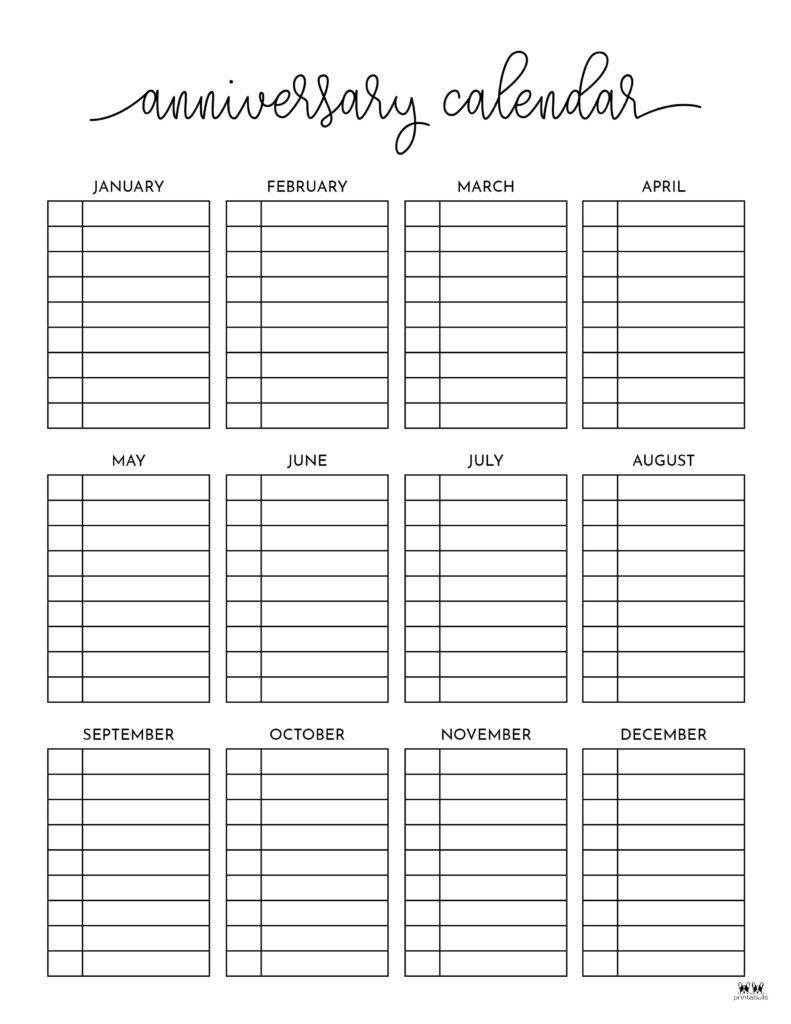 Anniversary Calendars - 10 FREE Printables | Printabulls