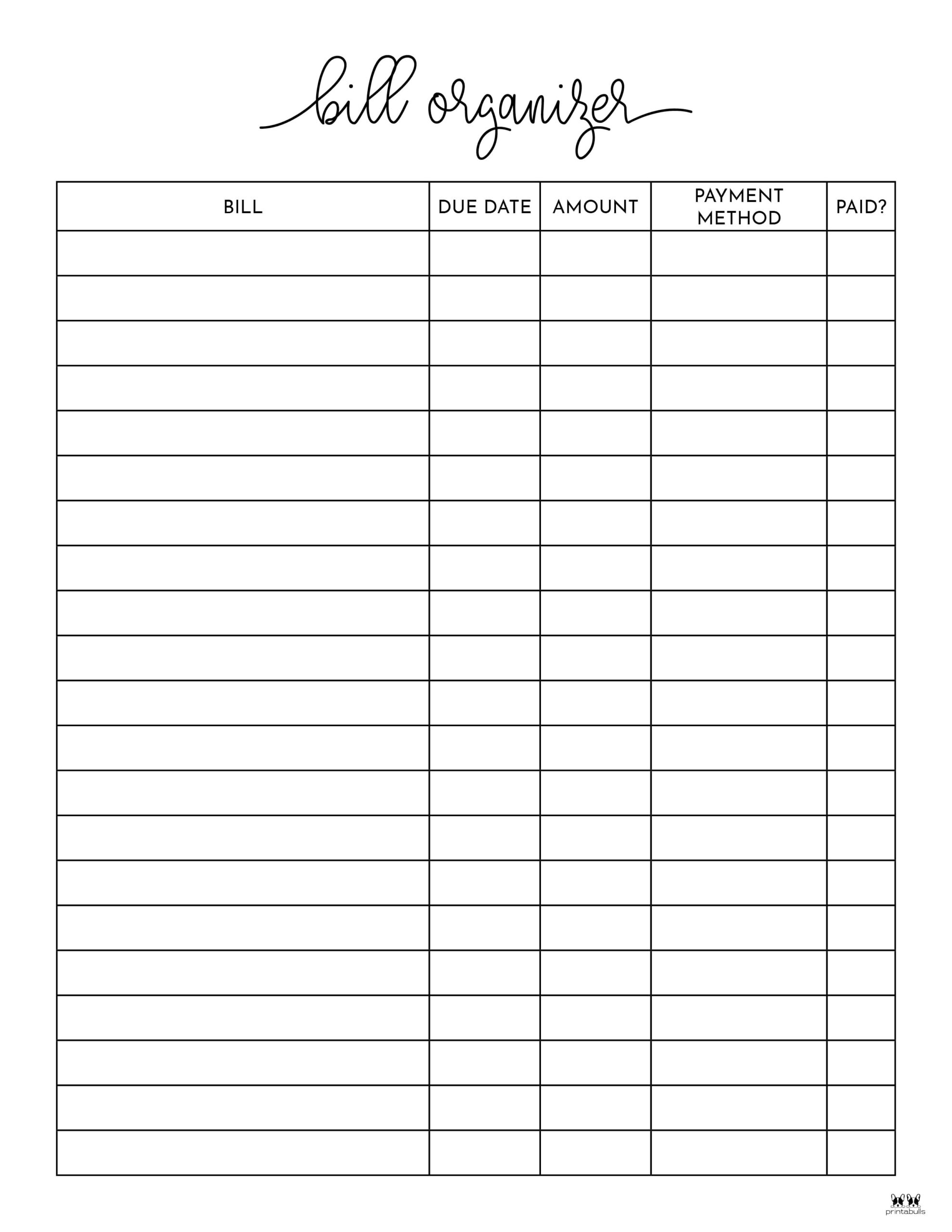 Monthly Bill Organizers - 23 Free Printables | Printabulls