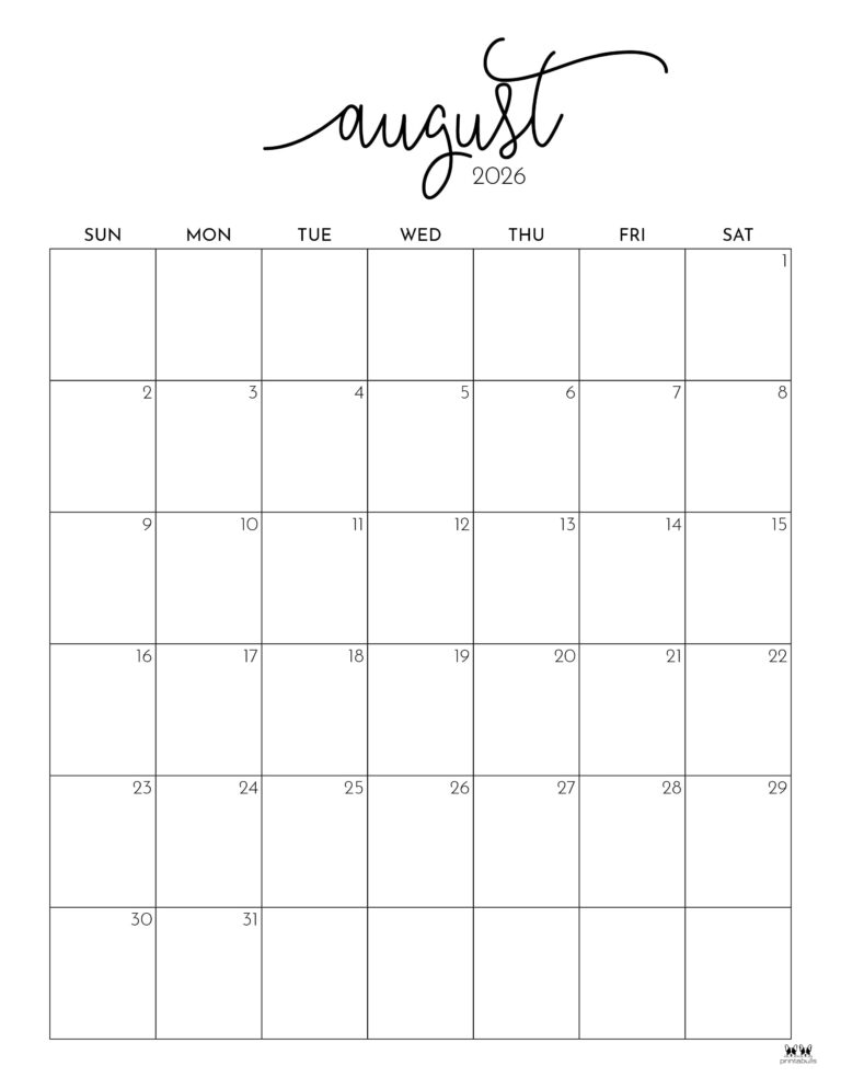 August 2026 Calendars - 150 FREE Printables | Printabulls