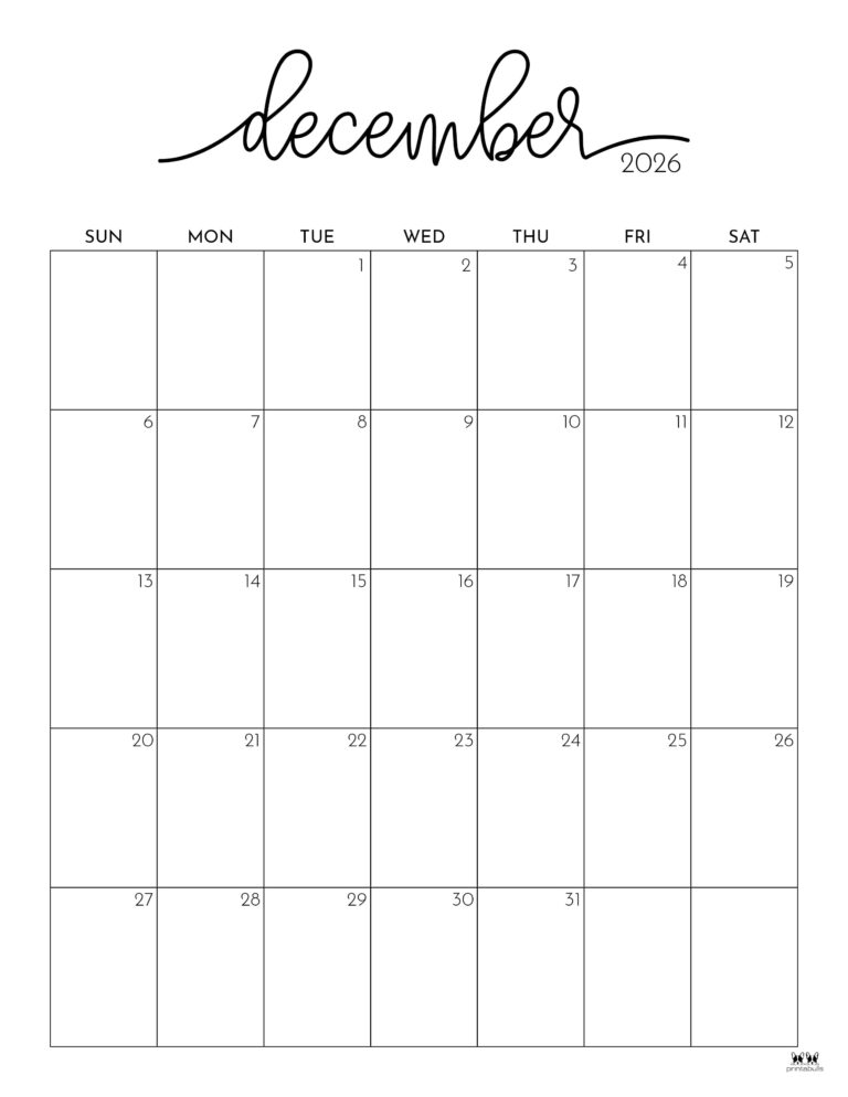 December 2026 Calendars - 150 FREE Printables | Printabulls