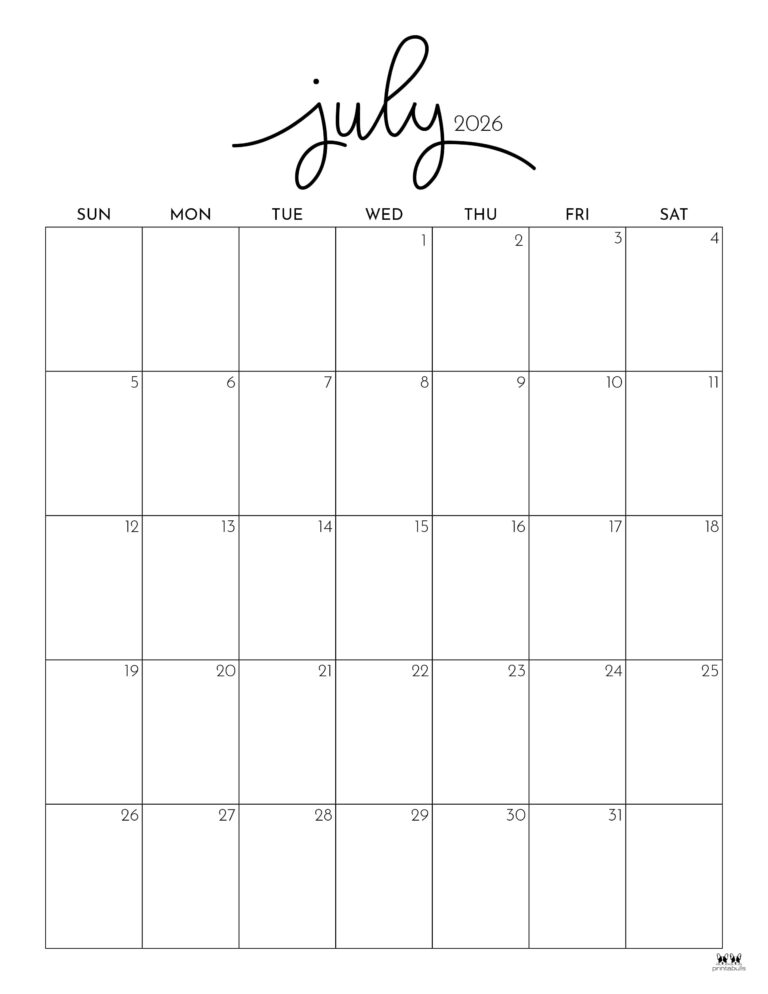July 2026 Calendars - 150 FREE Printables | Printabulls