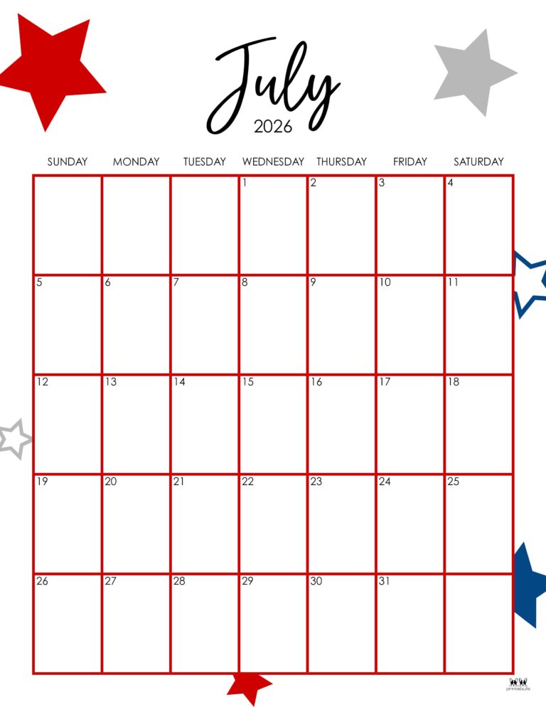 July 2026 Calendars - 150 FREE Printables | Printabulls