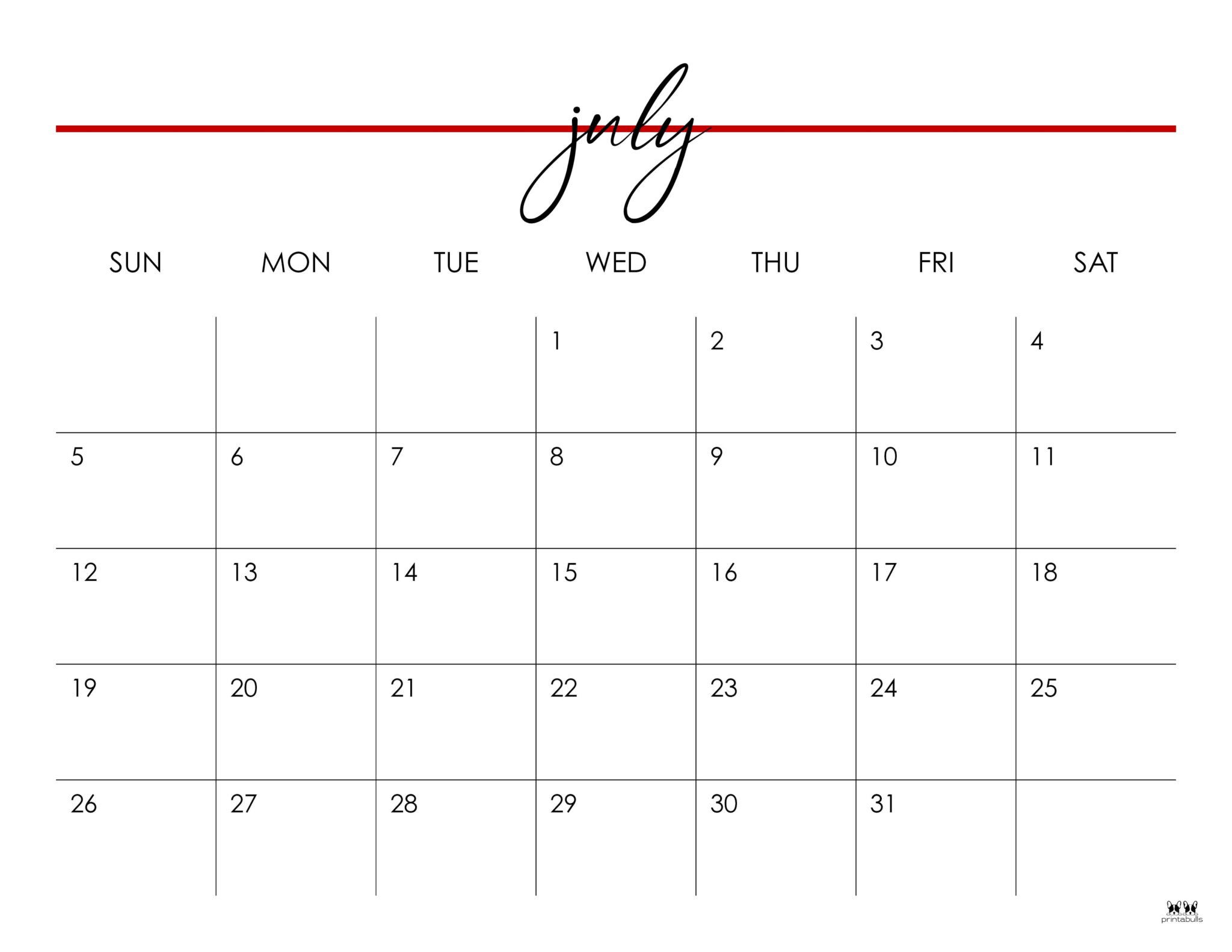 July 2026 Calendars - 150 FREE Printables | Printabulls