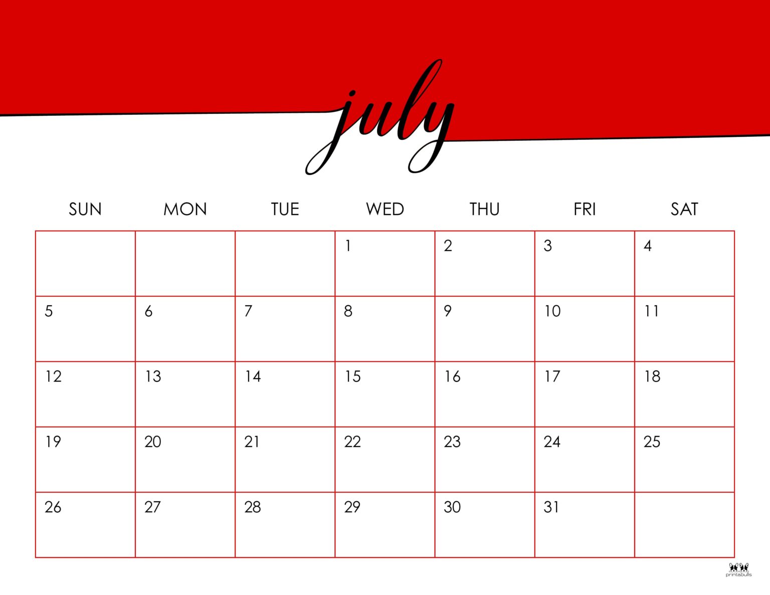 July 2026 Calendars - 150 FREE Printables | Printabulls