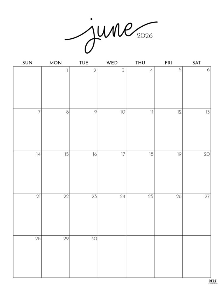June 2026 Calendars - 150 FREE Printables | Printabulls