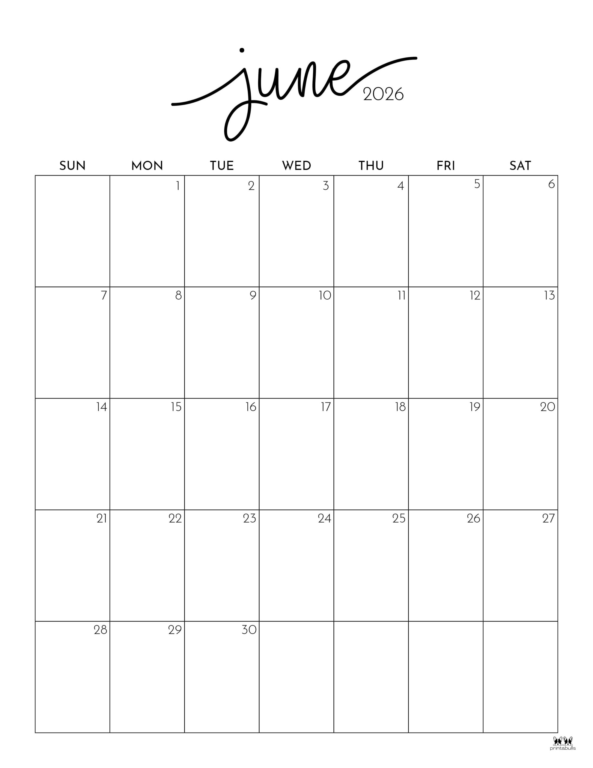 June 2026 Calendars - 150 FREE Printables | Printabulls