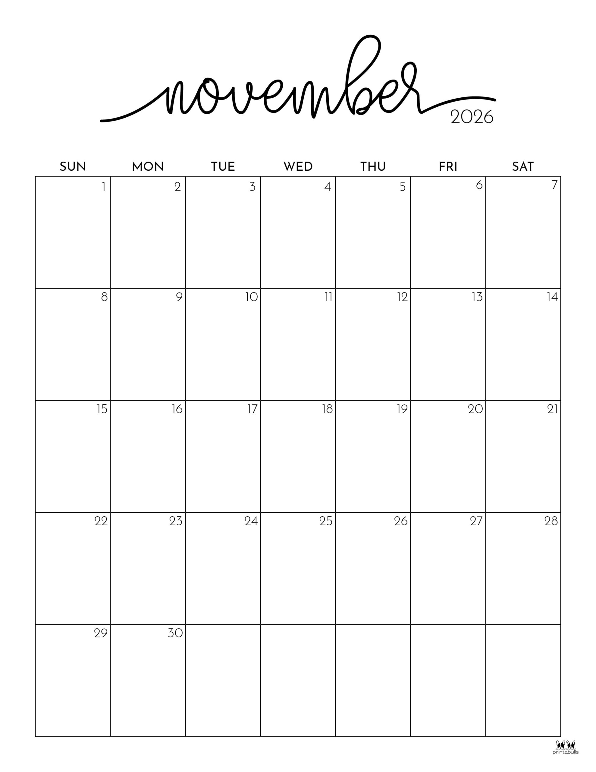 November 2026 Calendars - 150 FREE Printables | Printabulls