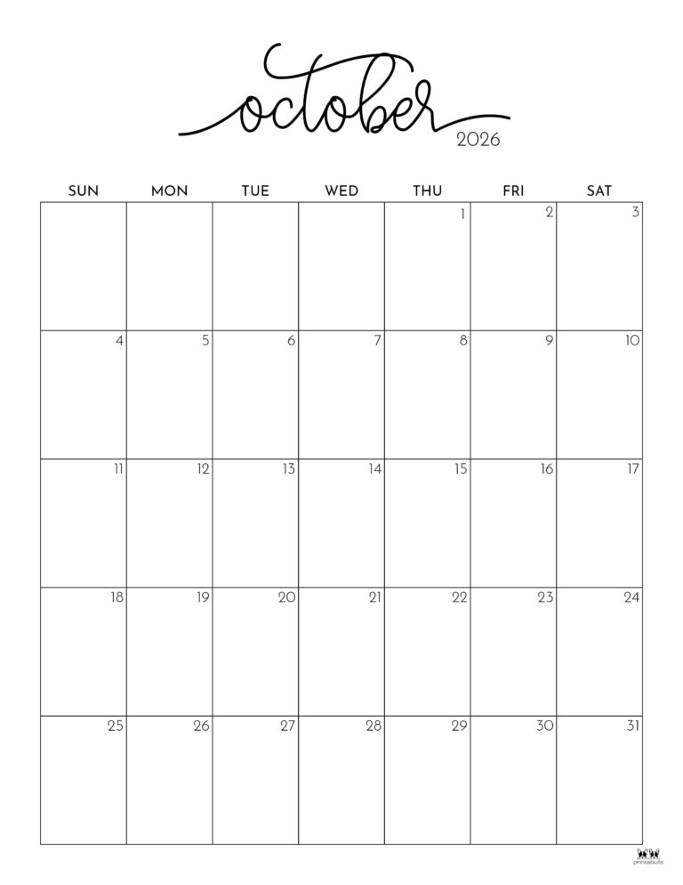 October 2026 Calendars - 150 FREE Printables | Printabulls