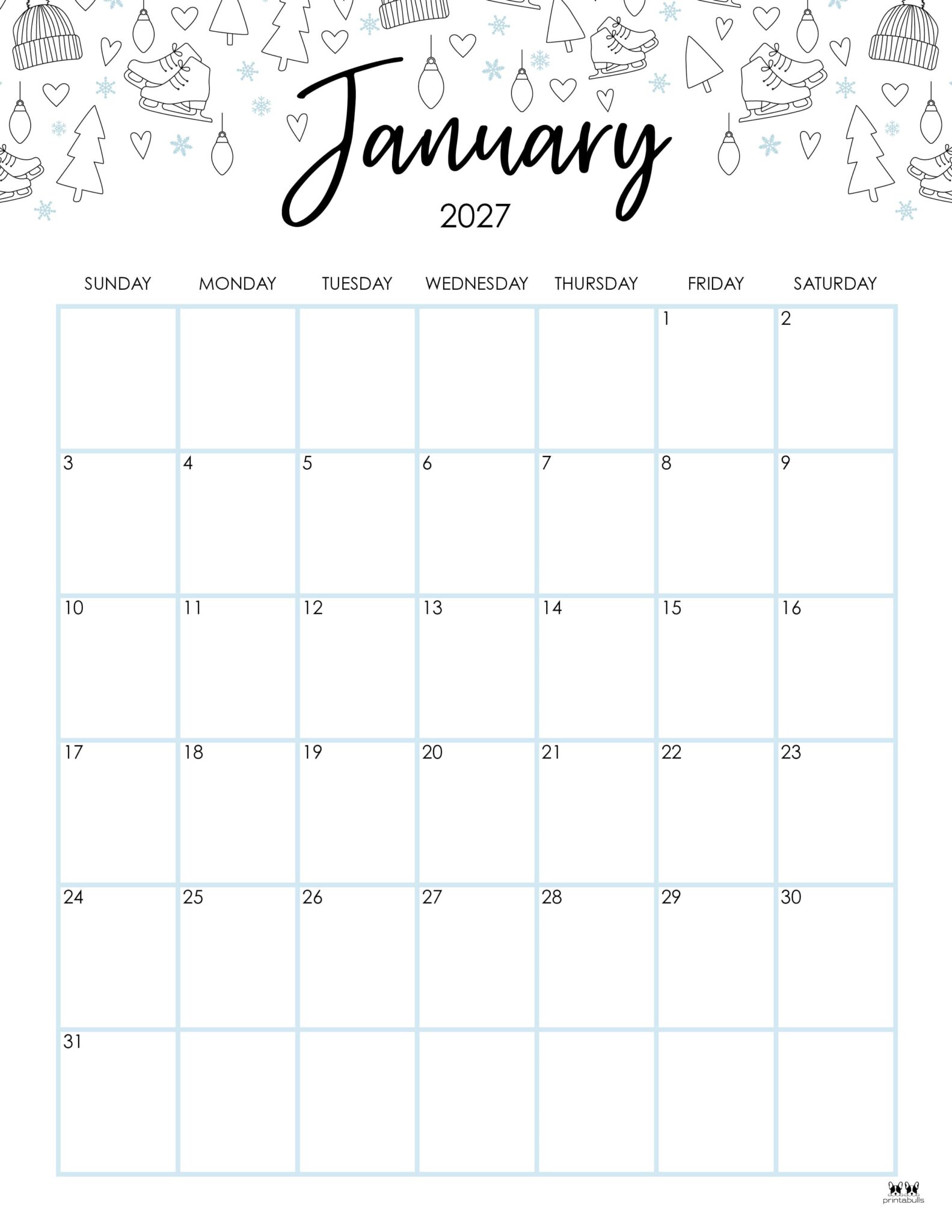 January 2027 Calendars - 150 FREE Printables | Printabulls