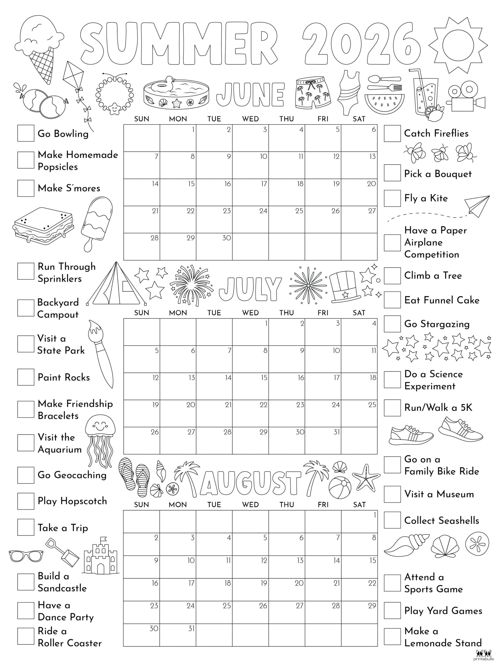 2026 Summer Planning & Coloring Wall Calendars | Printabulls