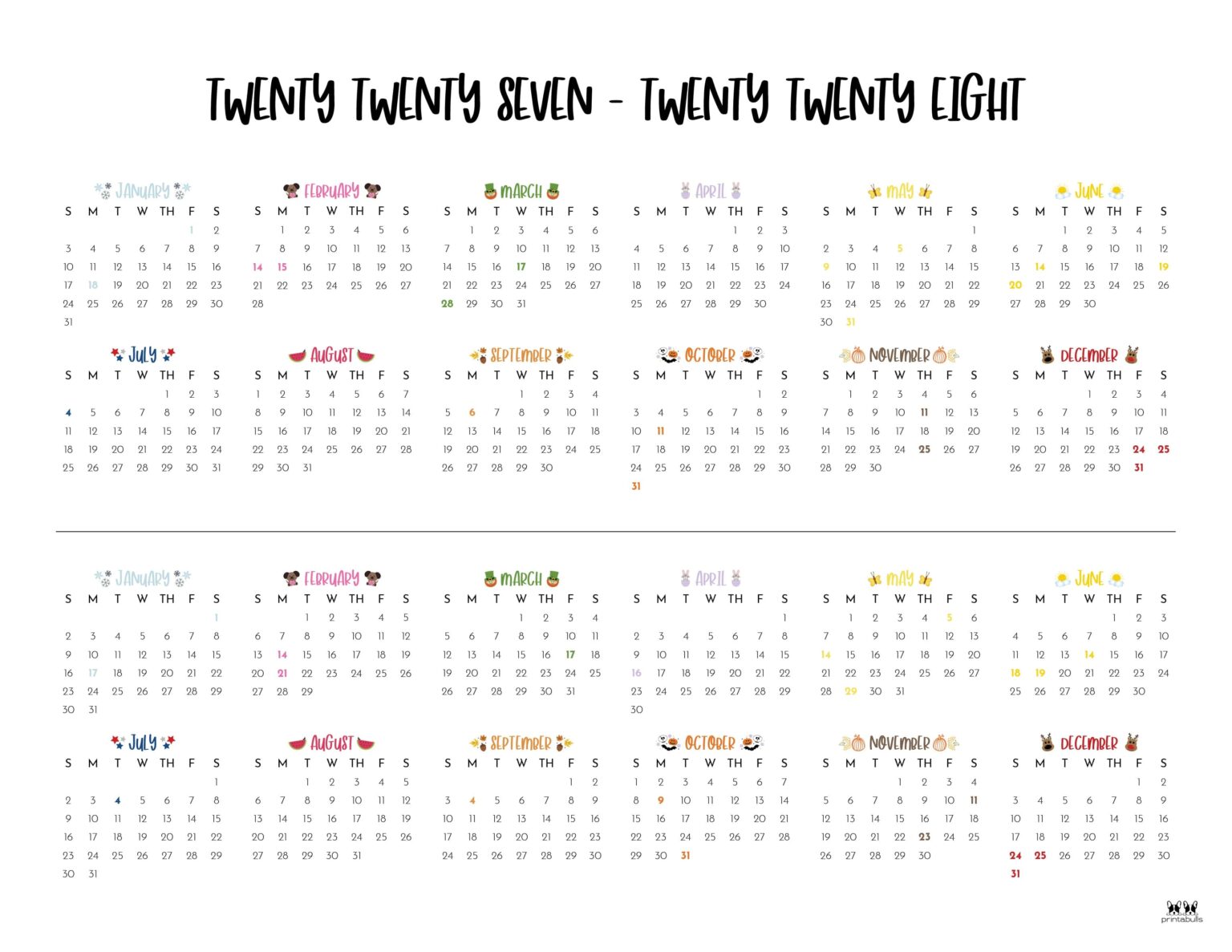 2027-2028 Two Year Calendars - 10 FREE Cals | Printabulls