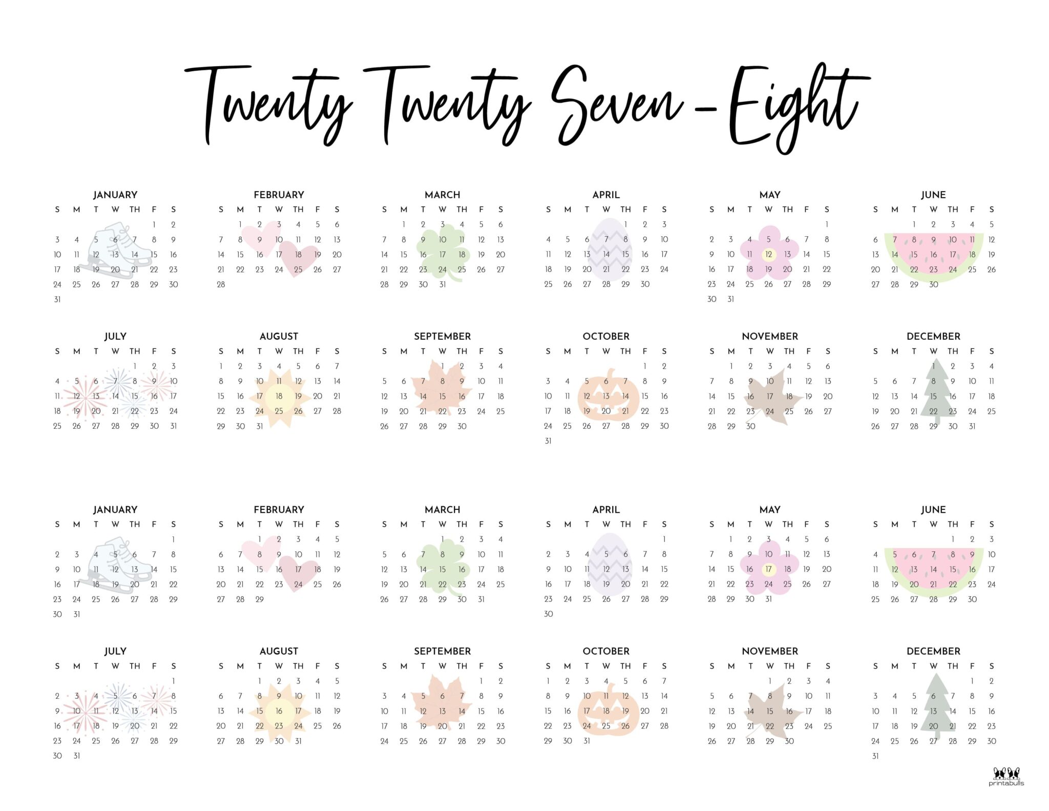 2027-2028 Two Year Calendars - 10 FREE Cals | Printabulls