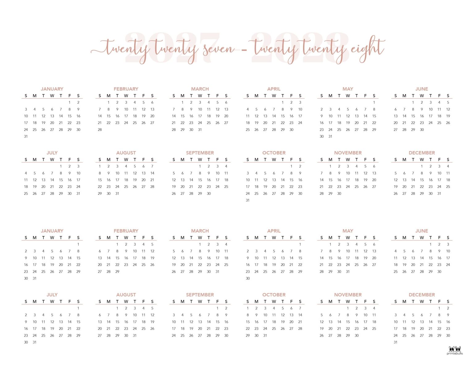 2027-2028 Two Year Calendars - 10 FREE Cals | Printabulls
