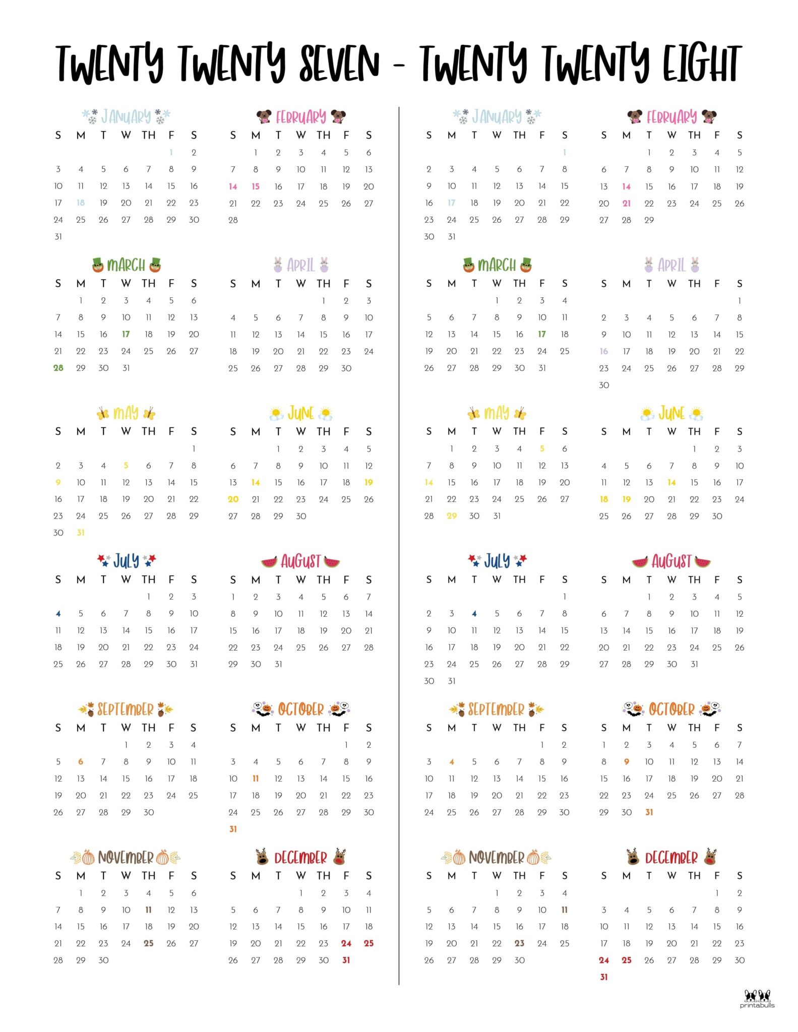 2027-2028 Two Year Calendars - 10 FREE Cals | Printabulls