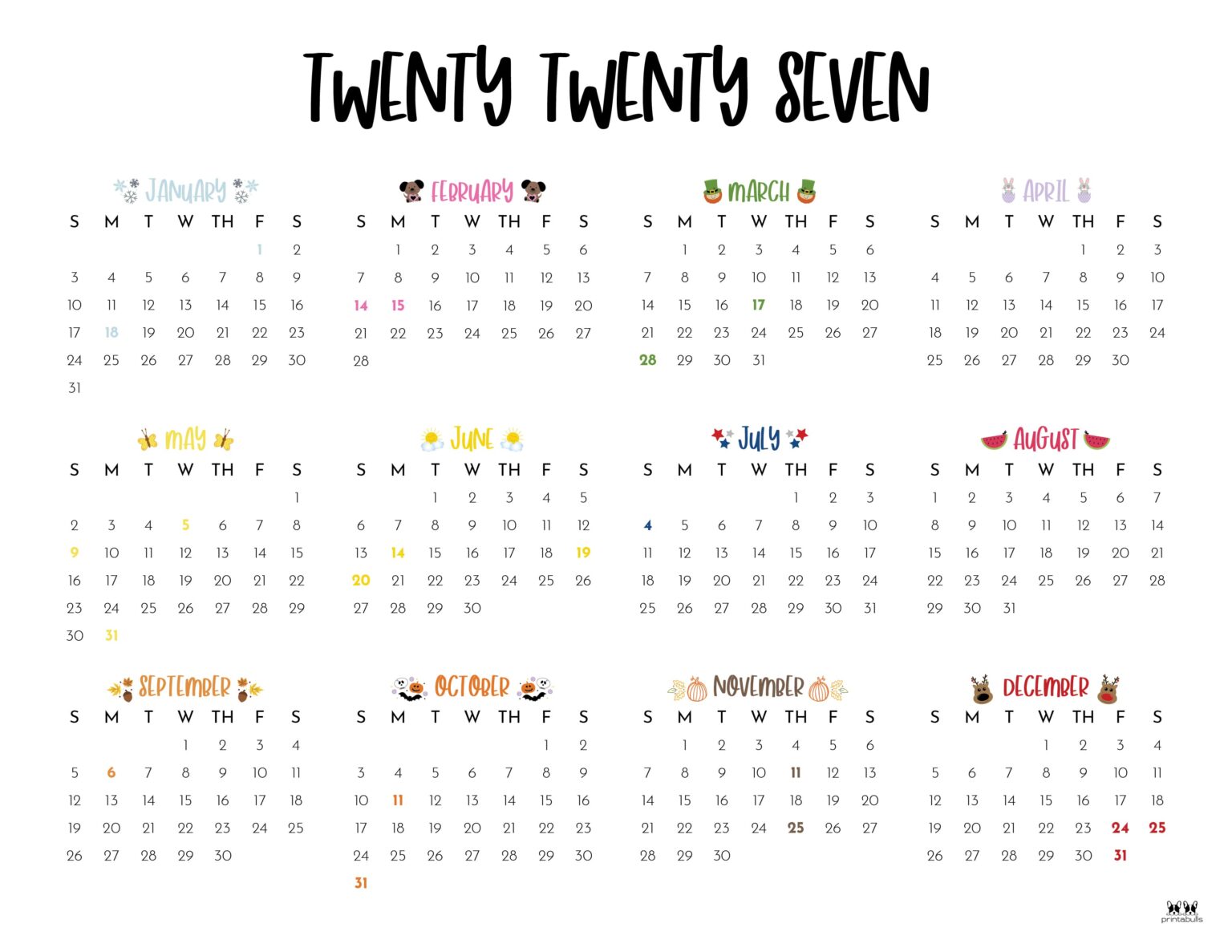 2027 Yearly Calendars - 29 FREE Printables | Printabulls