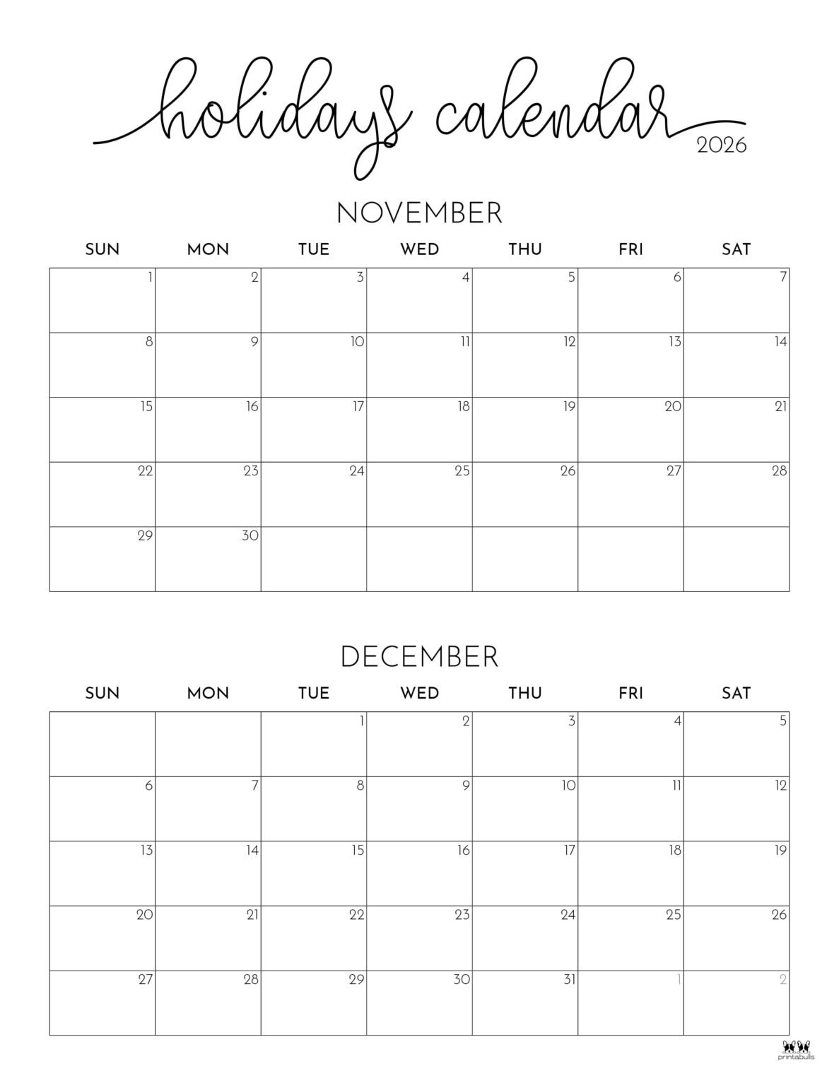 November December 2026 Calendars - 28 Printables | Printabulls